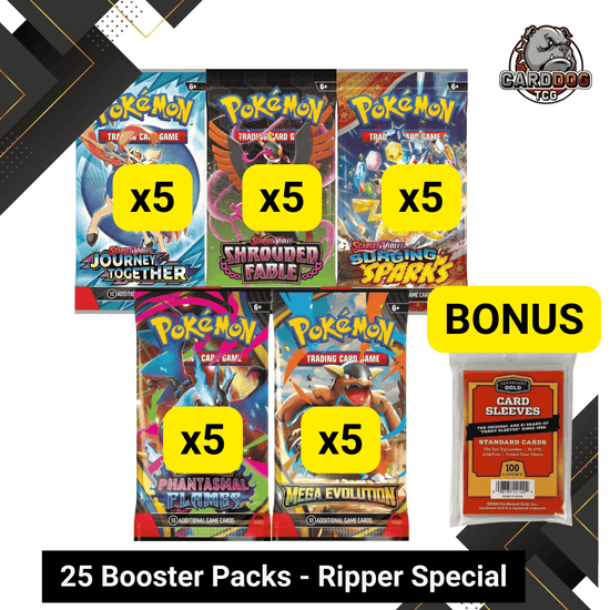Pokemon TCG 25 Assorted Booster Packs + 100 Card Sleeves - Pack Ripper ...